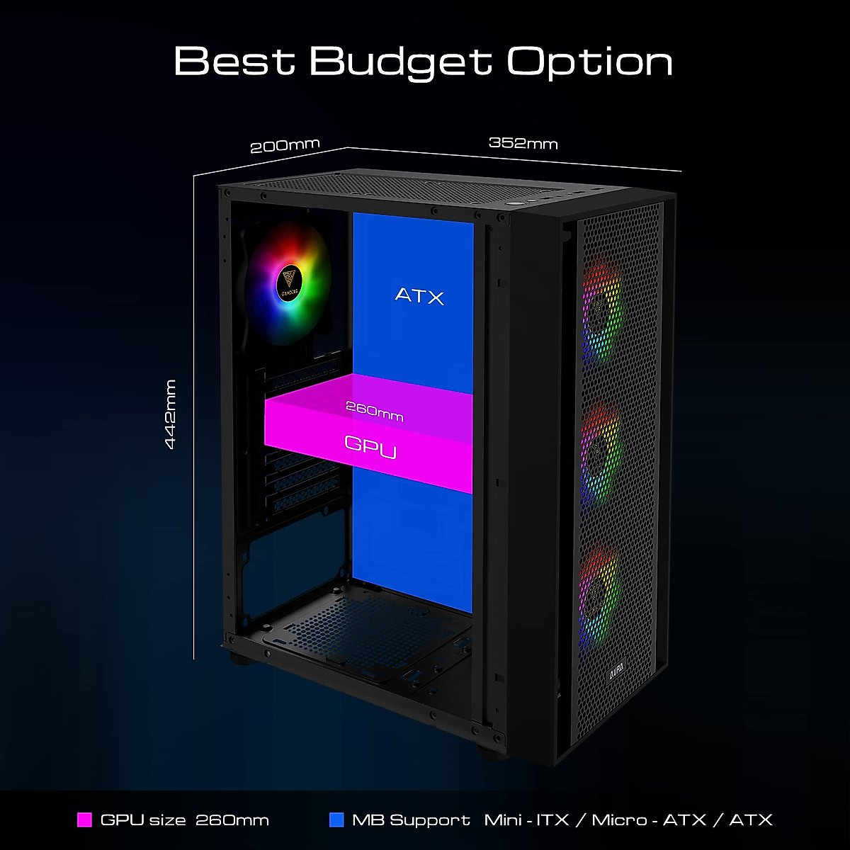 GAMDIAS ATX Mid Tower Gaming Computer PC Case with Side Tempered Glass, 4X 120mm ARGB Case Fans and Sync with 5V RGB Motherboard and Excellent Airflow