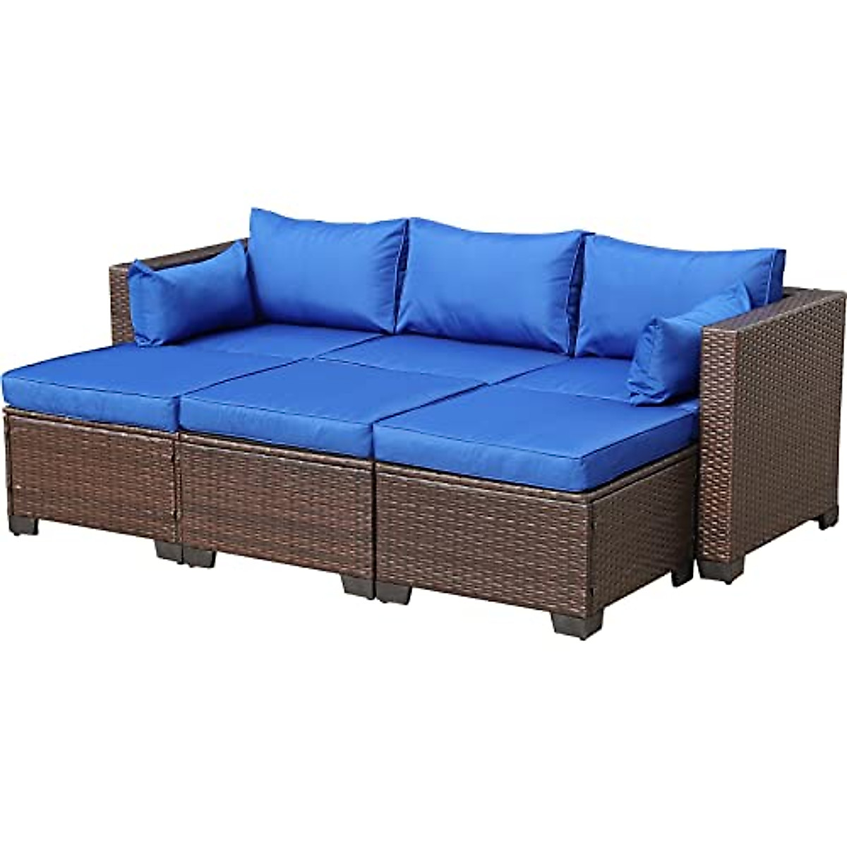 Outdoor Patio Brown Rattan Furniture Set 4 Piece PE Wicker Sectional Sofa Garden Couch with Royal Blue Cushion