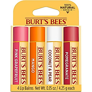 Burt's Bees Lip Balm Easter Basket Stuffers, Moisturizing Lip Care Spring Gift, for All Day Hydration, 100% Natural, SuperFruit - Pomegranate, Coconut & Pear, Mango, Pink Grapefruit (4 Pack)