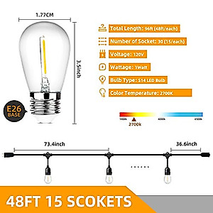 96FT(48×2) 2-Pack LED Outdoor String Lights with Waterproof Shatterproof Dimmable 2700K Warm White Filament Bulb, E26 15 Sockets Linkable Commercial Grade Hanging String Lights for Patio Deck Backyard