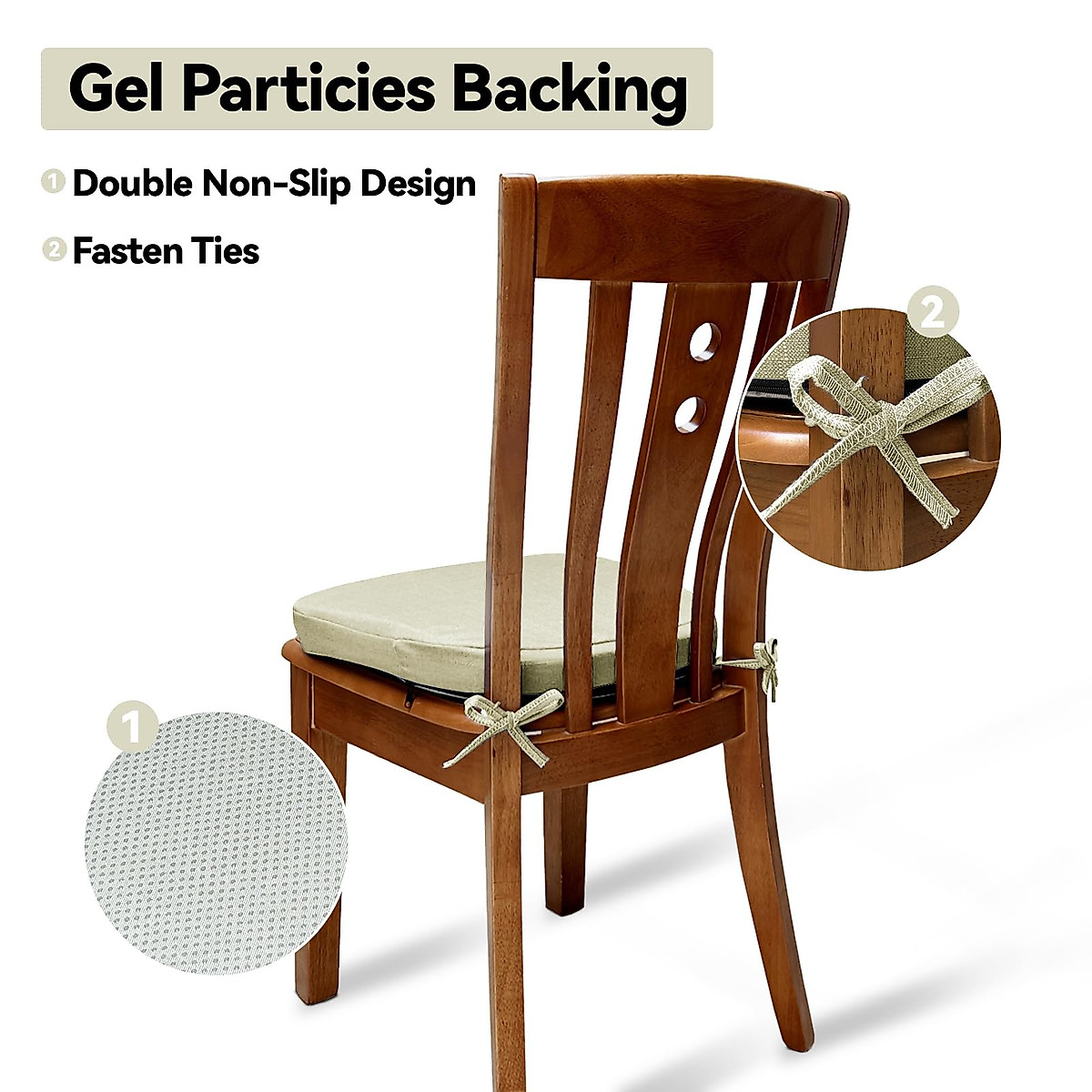 KONROBIN Chair Cushion with Ties for Dining Chairs Memory Foam Thick Kitchen Chair Pad 17" x 16.5" x 2"Set of 2,with Machine Washable Cover Seat with Zipper Indoor Chair for Room,Office etc-Beige