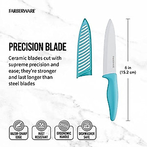 Farberware Ceramic Chef Knife with Custom-Fit Blade Cover, Razor-Sharp Kitchen Knife with Ergonomic Handle, Dishwasher-Safe, 6-inch, Aqua