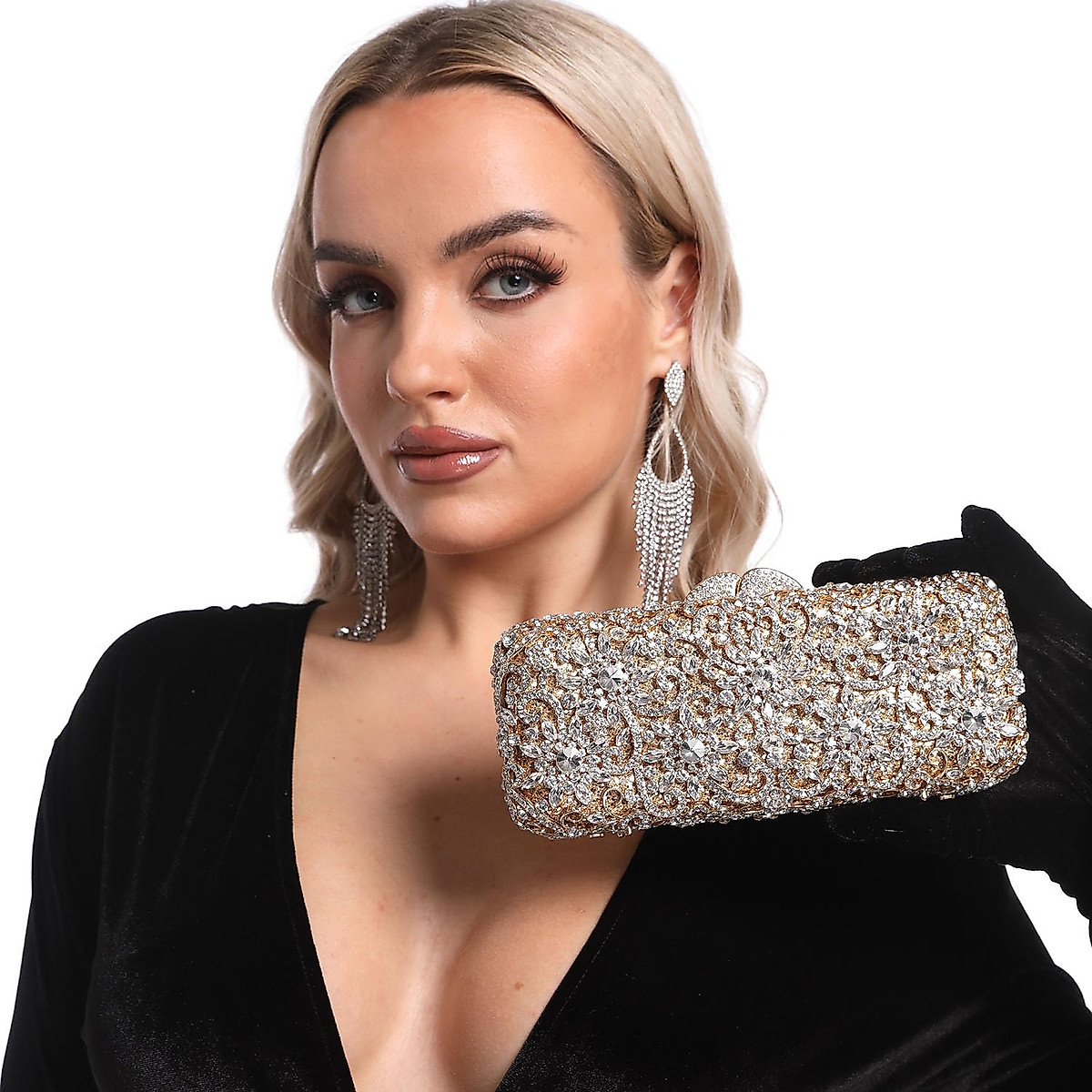 Boutique De FGG Fancy Flower Clutch Handbag Women Evening Bags and Clutches Formal Bridal Crystal Clutch Purse (Small,Gold&Silver)