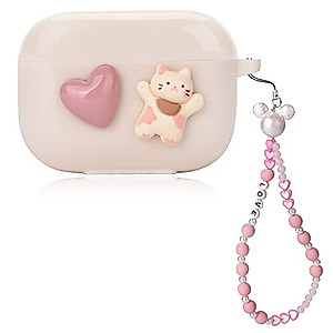 Cute Love Heart Cat AirPod Pro Case with Pink Pearl Chain Smooth Soft Protective Cover Compatible with AirPods Pro Case for Women and Girls.
