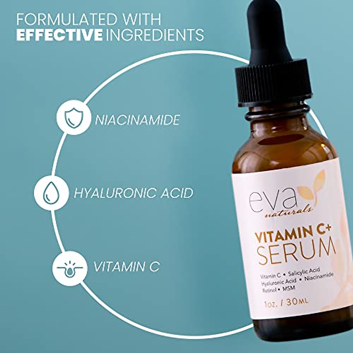 Eva Naturals Vitamin C Serum for Face Plus Hyaluronic Acid, Retinol, Niacinamide & Salicylic Acid, Anti Aging Serum, Reduce Fine Lines, Wrinkles & Dark Spots, Brightening Skin Serum for Glowing Skin (1 oz)