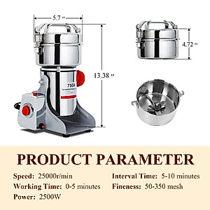 Electric Grain Grinder Mill 750g, Commercial Spice Grinder High Speed 2600W Swing Type 304 Stainless Steel Pulverizer Grinding Machine for Kitchen Dry Spice Herbs Grains Coffee Rice Pepper