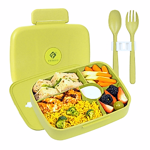 Fenrici Bento Lunch Box For Kids and Teens, Made with Natural Wheat Straw and Food Grade Silicon, 5 Leakproof Compartments, BPA-Free Bento Box, Microwave and Dishwasher Safe, Green