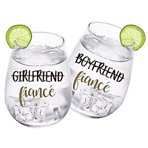 Set of 2 Fiance Stemless Wine Glasses, Boyfriend and Girlfriend Wine Glass for Couples, Boyfriend Girlfriend, Gift Idea for Engagement, Wedding, Christmas, Bridal Shower, Valentine's Day, 15Oz