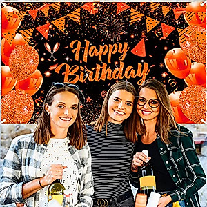 Orange Birthday Banner Decorations Large Orange Black Happy Birthday Banner Backdrop Orange Birthday Sign Photo Booth Background for Women Men Birthday Party Supplies 71x43Inch