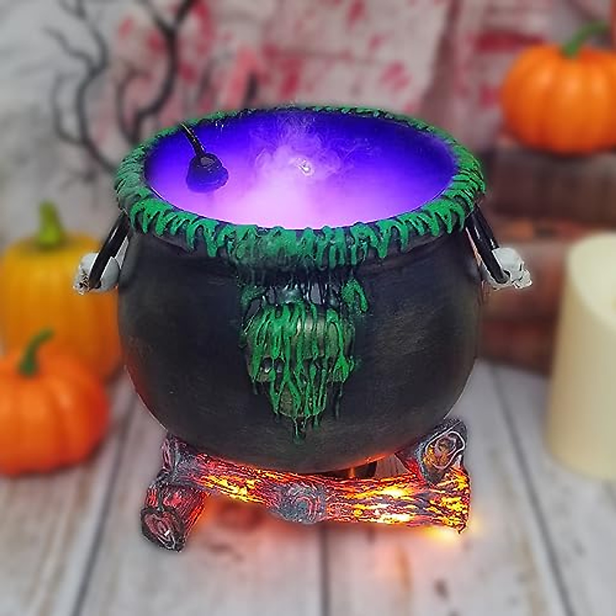 Cauldron Halloween Decor 8" Witch Plastic Cauldron with 12 LED Mist Maker & Splash Guard & Glowing Charcoal Base, Perfect for Halloween Party Decoration Witch Cauldron Decor Haunted House Props