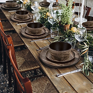 forlent 12 Piece Melamine Dinnerware Sets for 4 - Plastic Wood Grain Plates and Bowls Sets Best for Indoor Outdoor Grill Holiday Party Camping BPA-Free Dishwasher Safe