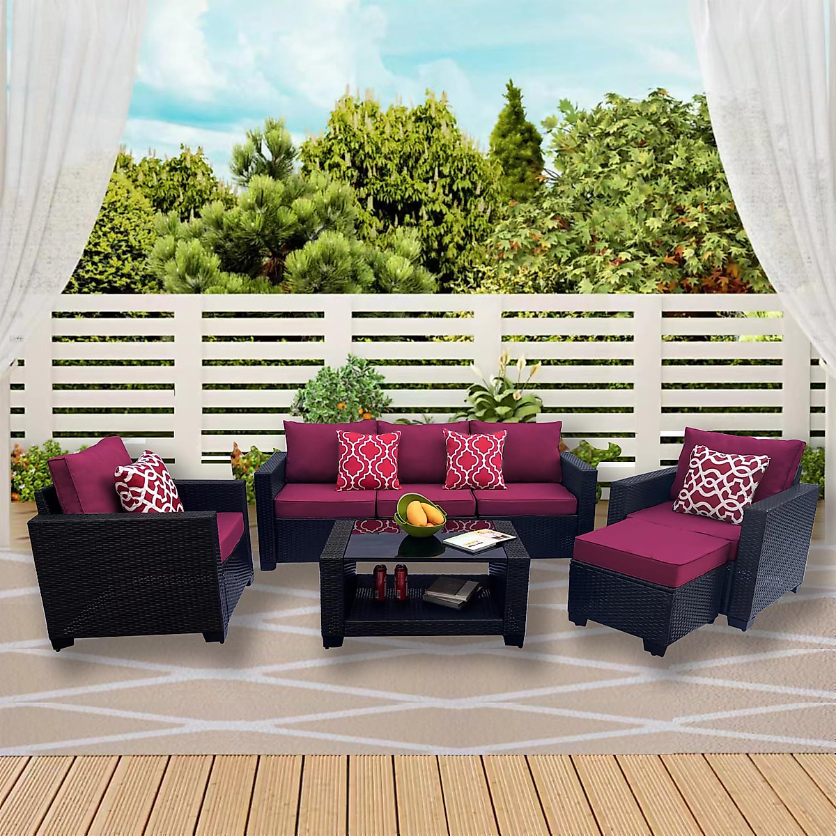 7 Piece Outdoor Patio Furniture Sets, Apartment Patio Furniture, Pe Vine Willow Soft Cushion Sofa Set with Coffee Table, Suitable for Gardens, Backyards, Poolside, Red