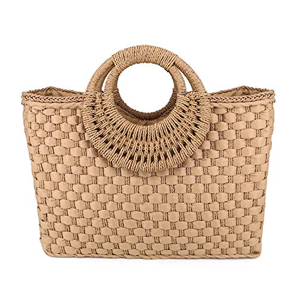 QTKJ Women Summer Retro Straw Bag with Zip Hand-woven Beach Handbag Top Round Handle Boho Tote Bag Shopping and Travel Large Bag (Khaki)