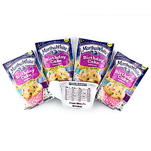 Generic Martha White Birthday Cake Muffin Mix 7.4 Oz (4 Bags) with Miss J’s Handy Kitchen Measurements Chart for Refrigerator-Bundle of 5