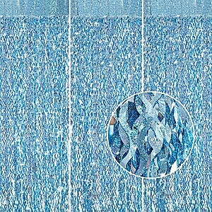 CYLMFC 3 Pack 3.3 ft x 6.6 ft Tinsel Foil Fringe Curtain Blue - Foil Fringe Backdrop Wall Curtains for Baby Shower,Mermaid,Under The Sea,Ocean,Frozen Party Decorations