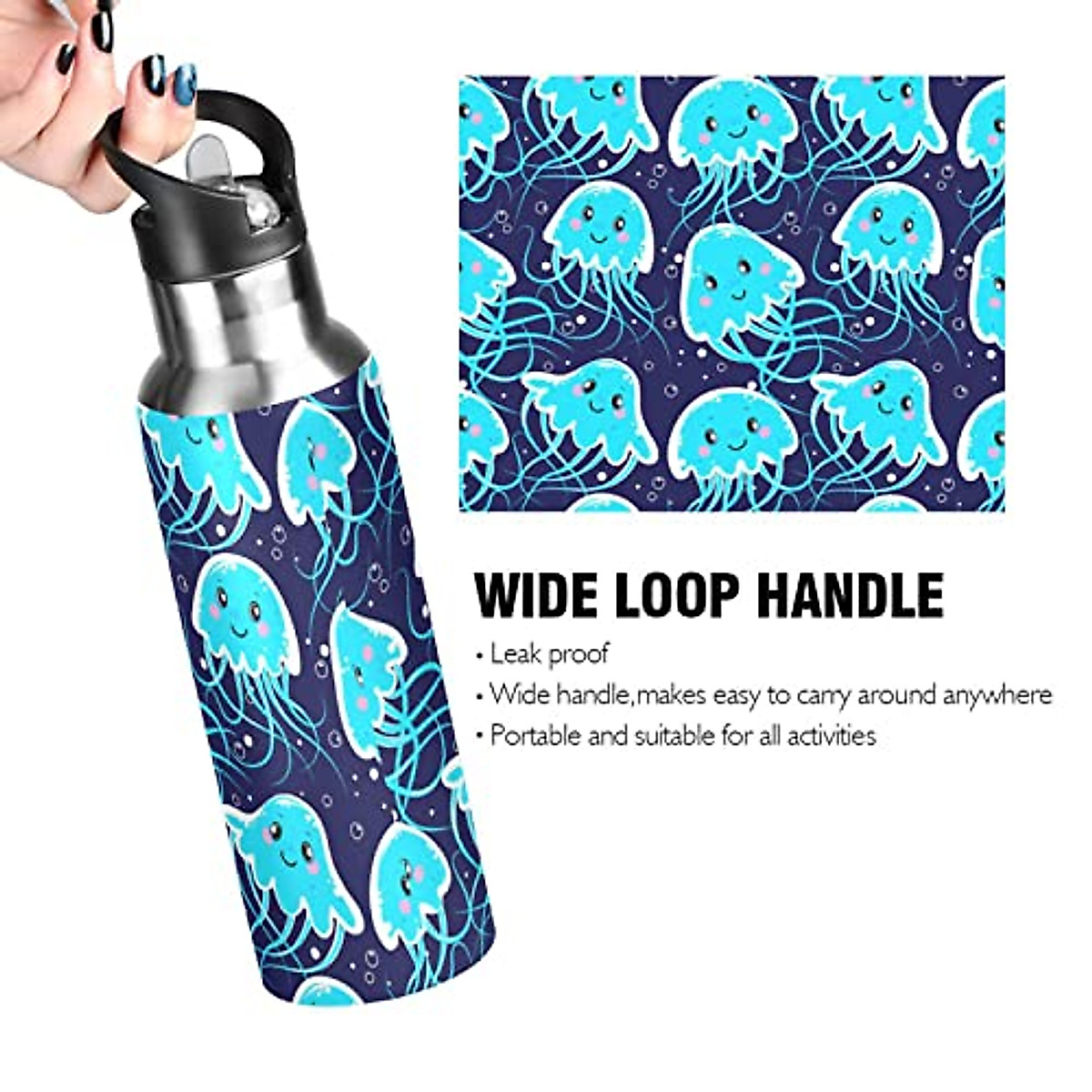 Cute Jellyfish Leak Free Insulated Bottles with Handle 32 oz Vaccuum Bottle with Straw Lid Thermal Bottle for Hot & Cold Drinks BAP-Free