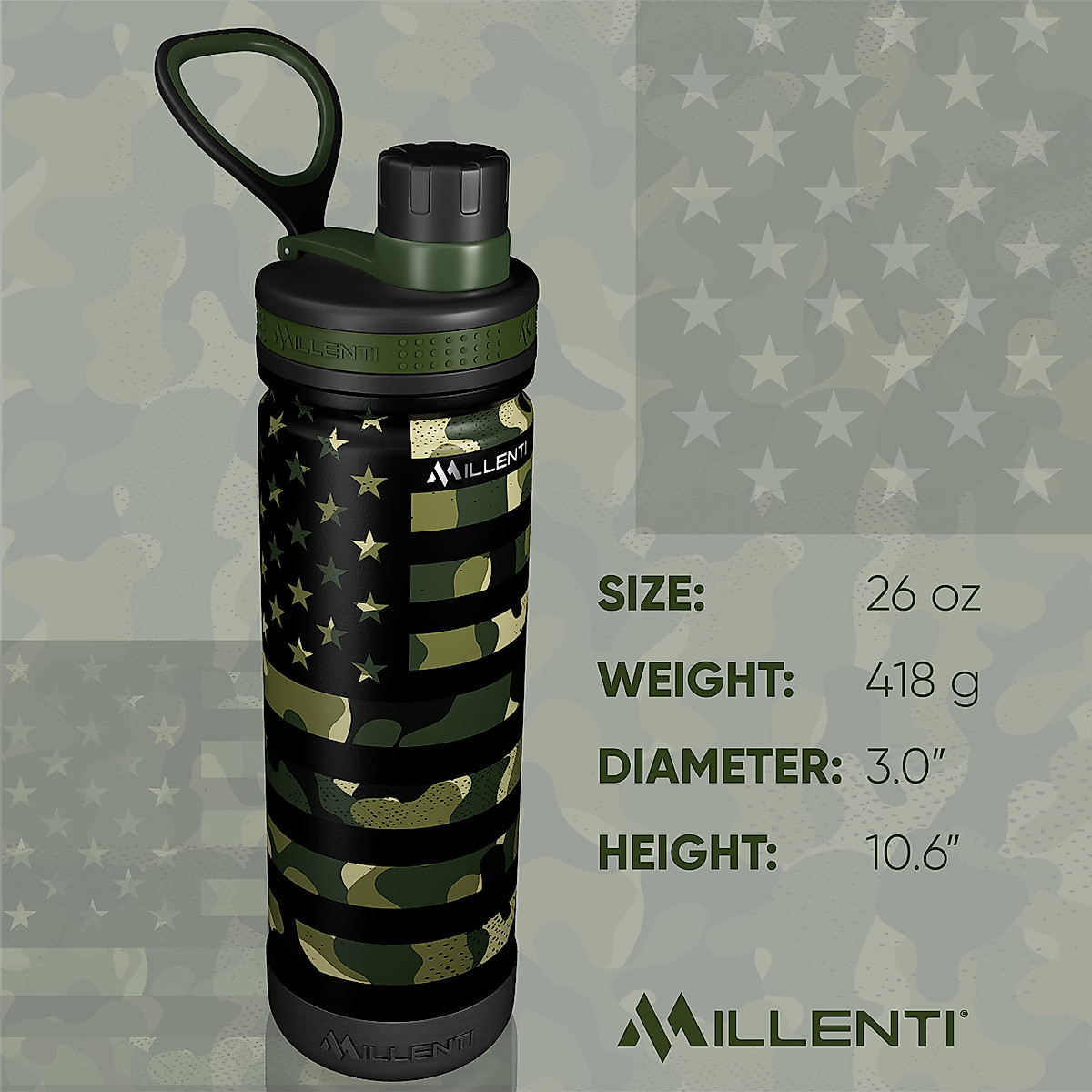 Millenti Army Camo Water-Bottle Chug-Cap - 26oz Vacuum Insulated, Stainless Steel, Double Walled, Flask Bottles (Army Camouflage) WB0826CFG