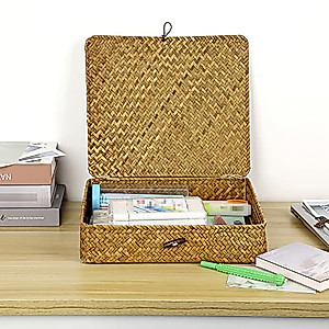 BTSKY 1 Pack Large Wicker Basket With Lid Flat Woven Storage Bins for Shelf Organizing Natural Seagrass Storage Baskets with Lids Home Utility Organizer Box for Home & Office Supplies, Caramel