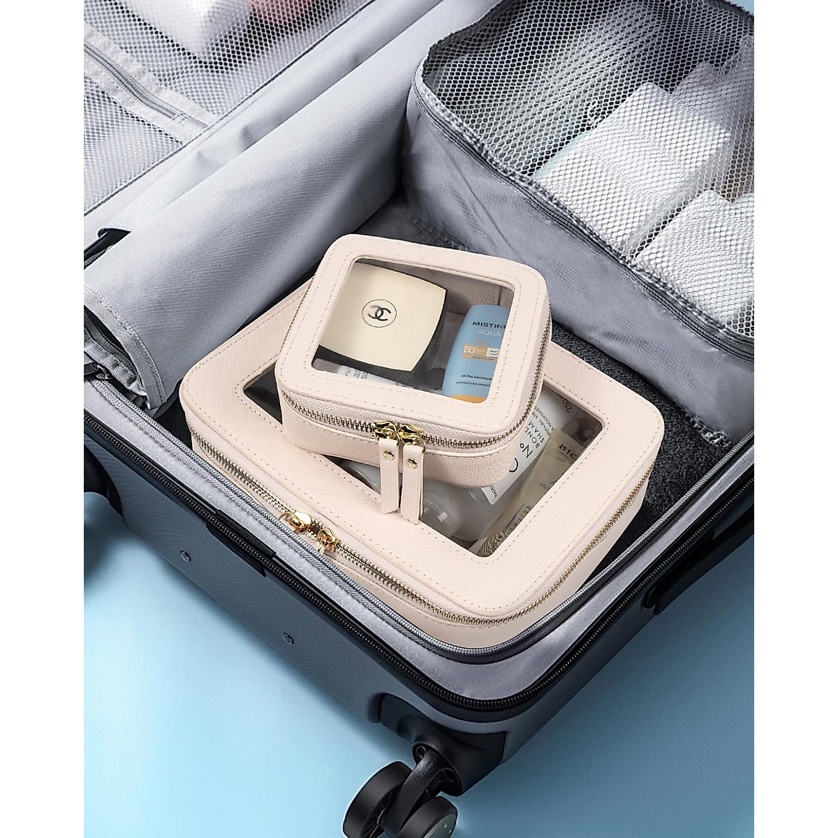 LETGO Clear Makeup Bags Set - TSA Approved Toiletry Bag with Handle Large Opening, Clear Toiletry Bags Case Pouch for Traveling Travel Car Orangizer Storage Essentials(Mini+Large Beige)