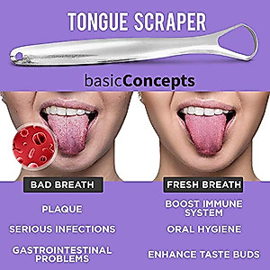 BASIC CONCEPTS Tongue Scraper for Adults (2 Pack), Reduce Bad Breath (Travel Cases Included), Stainless Steel Tongue Cleaners, 100% Metal Tongue Scraper with Case Fresh Breath Tongue Cleaner Oral