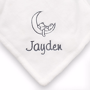 Tender Loving Stitches - Soft White Baby Blanket - Personalized with Baby’s Name and Cute Moon and Bear