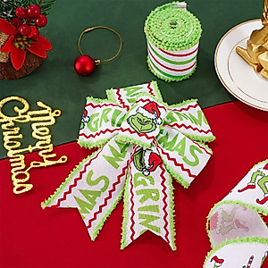 AnyDesign Christmas Wired Edge Ribbon Rolls 2.5 Inch 24 Yards Christmas Craft Fabric Ribbon Cartoon Character Stripe Dot Gift Wrapping Ribbon for Xmas Tree Wreath Bow DIY Craft Decoration, 4 Rolls