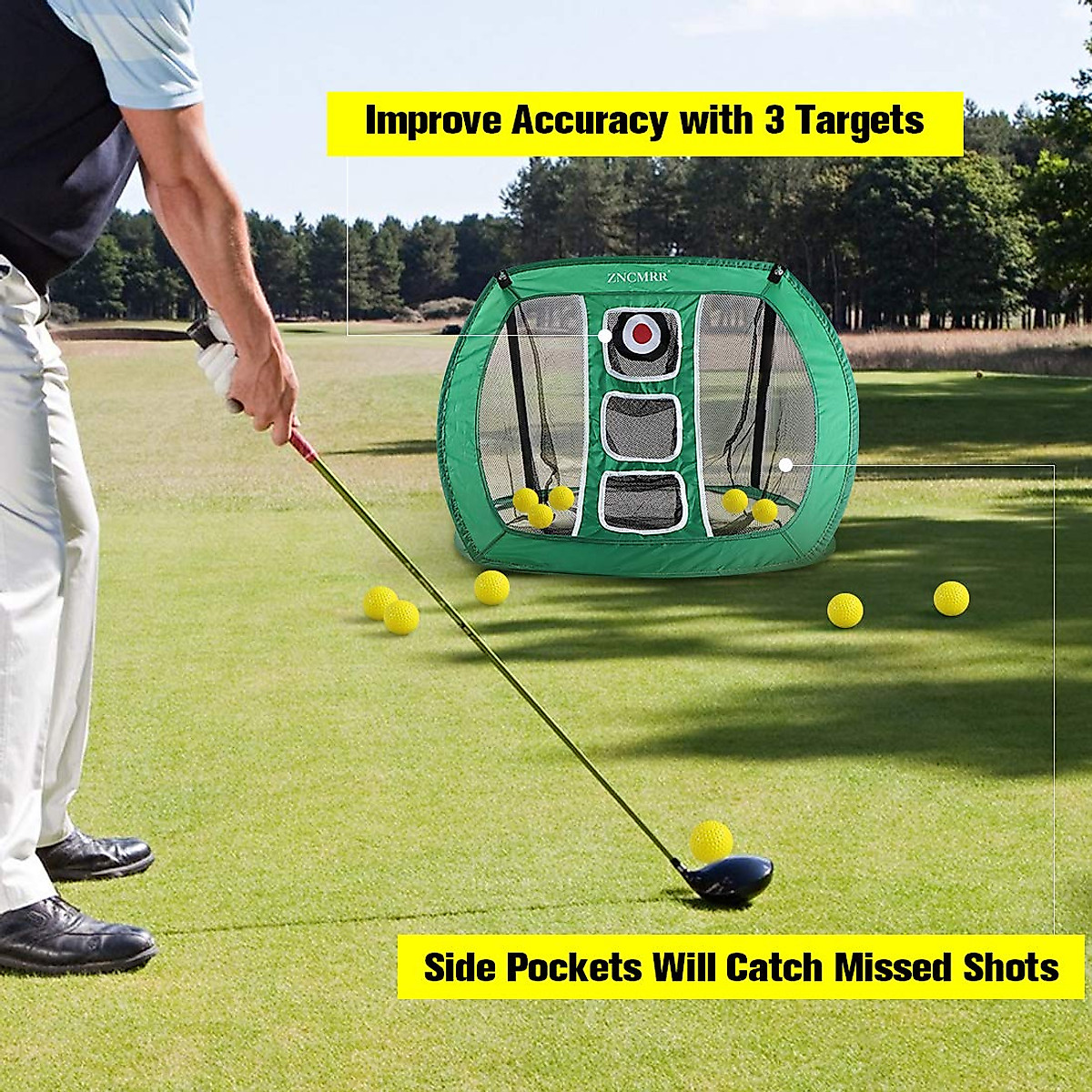 Pop Up Golf Chipping Net, Indoor/Outdoor Golfing Target Net Collapsible Portable Golf Hitting Net with 15 Training Balls and 2 Hitting Mats for Backyard Driving and Swing