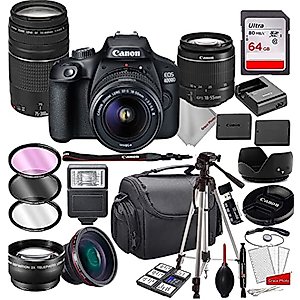 4000D (Rebel T100) DSLR Camera with 18-55mm f/3.5-5.6 III Zoom Lens & 75-300mm III Lens Bundle + 64GB Memory, Case, Tripod, Extra Battery and More