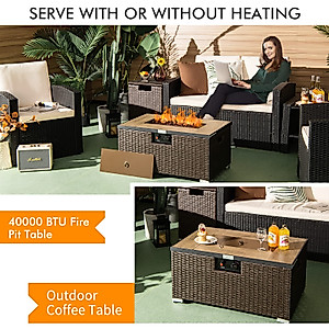 Tangkula 2 Piece Outdoor Propane Fire Pit Table Set with Hideaway Propane Tank Holder, Patiojoy 40,000 BTU Rattan Wicker Fire Pit Table with Lava Rocks, Waterproof Cover, Ideal for Backyard, Patio