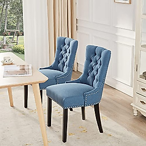Kingfun Dining Chairs Set of 2, Upholstered Tufted Kitchen&Dining Room Chairs, Modern Accent Chairs Side Chair for Dinner Table/Waiting Room, Padded Nailhead Fabric Parsons Chairs(Solid Wooden, Blue)