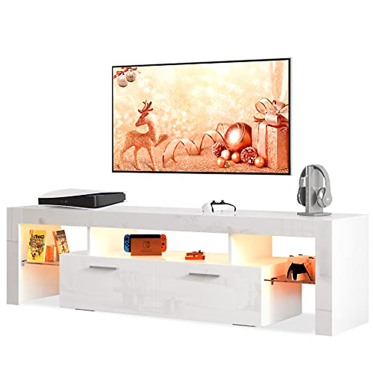 AiSONYUNG White LED 63inch TV Stand for 55 60 65 70 75 Inch TV, High Glossy Modern Entertainment Center, Large Wood TV Stand Gaming Media Cabinet with Large Storage for Bedroom Living Room and Office