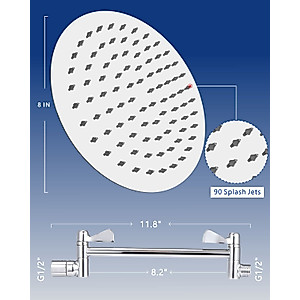 8'' Rain Shower Head with 11'' Adjustable Extension Arm - Eolax High Pressure Rainfall Showerhead Solve Low Water Pressure and Flow - Bathroom Fixed Shower Heads Made of 304 Stainless Steel - Chrome