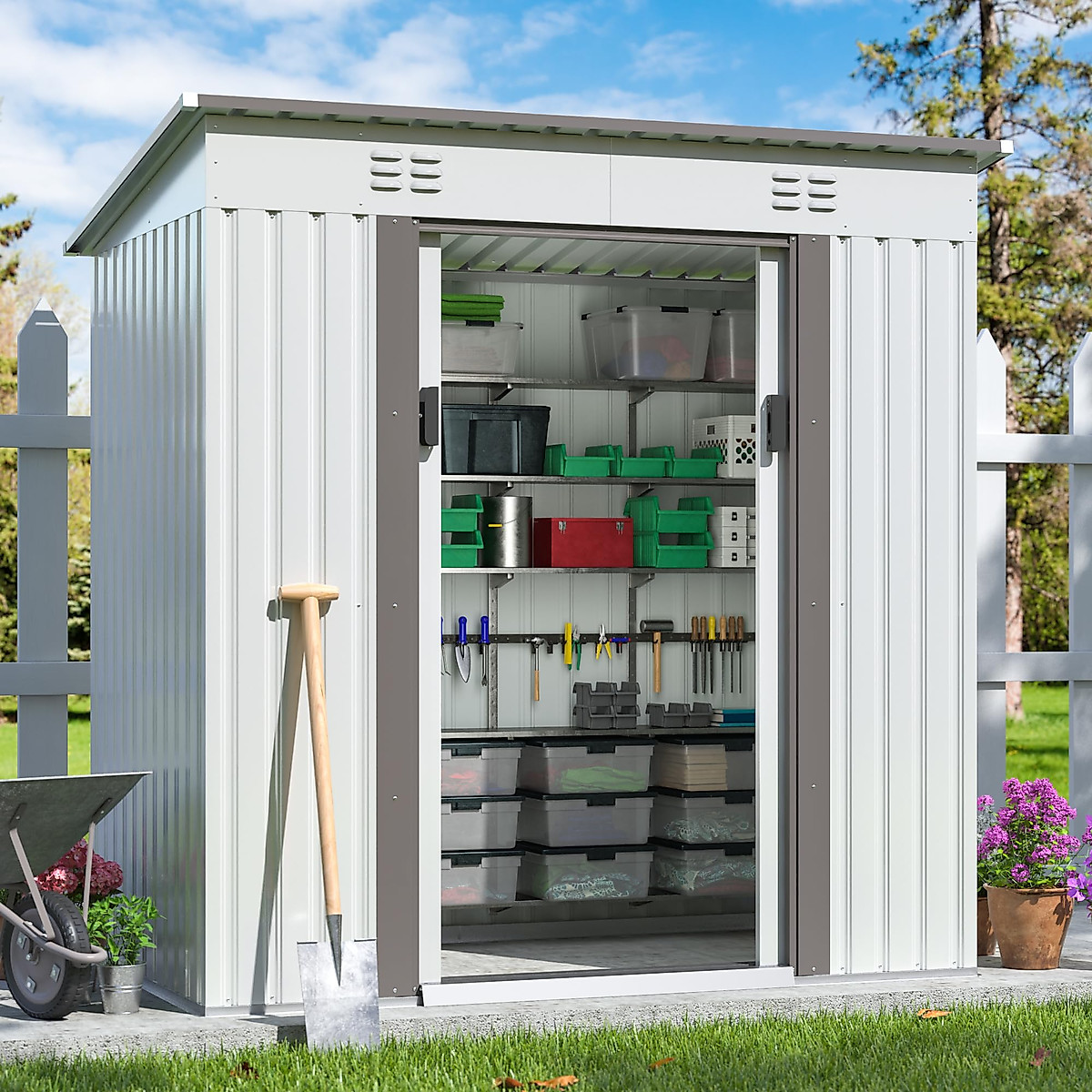 JAXPETY 4' x 6' Ft Outdoor Storage Shed, Metal Tool Shed with Vents, Lockable Door, Organizer House for Garden Backyard Patio Lawn, Weatherproof, White