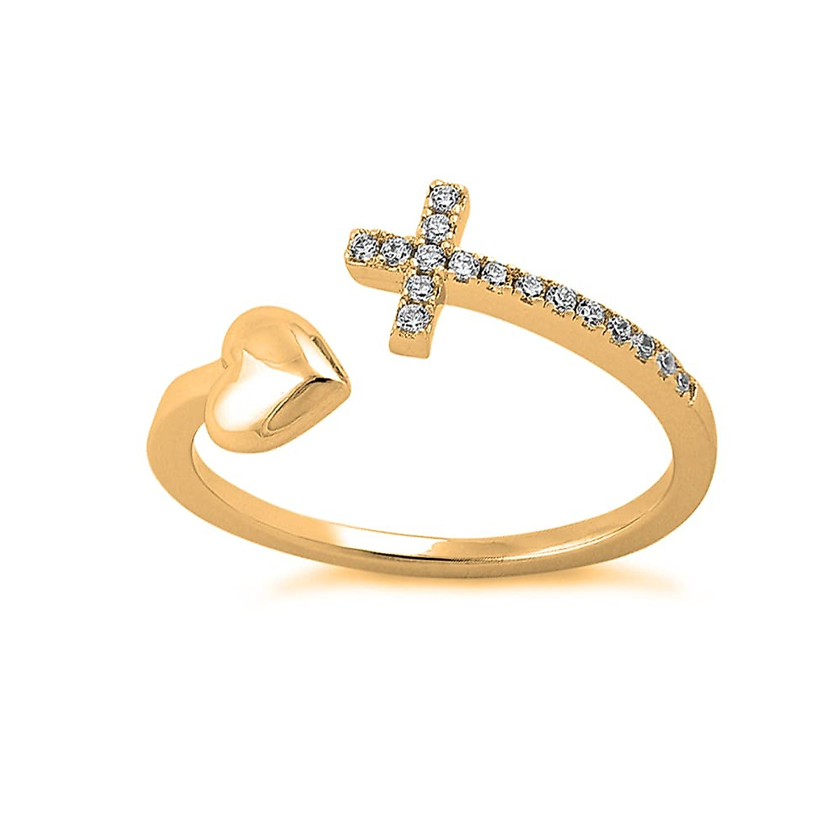 Savlano 18K Yellow Gold Plated Round Cut Cubic Zirconia Sideways Cross and Heart Open Band Ring Women Religious Ring (10)