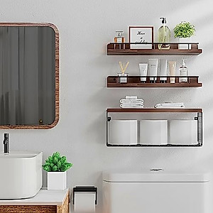 Xeapoms Floating Shelves with Wire Storage Basket, Wall Mounted Bathroom Shelves Over Toilet with Metal Guardrail, Rustic Wood Wall Shelf for Bathroom Decor,Bedroom,Living Room,Kitchen – Rustic Brown