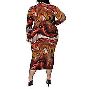 Uni Clau Women Sexy Plus Size Bodycon Dress Floral Print Long Sleeve Midi Dress V Neck Casual Party Dress with Belt Yellow L