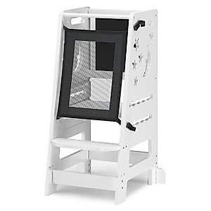 TOETOL Bamboo Toddler Kitchen Stool for Kids Step Stool - White Little Helper Tower Adjustable Height with Learning Black & White Activity Board1