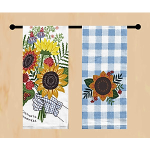 Celebrate Kitchen Towel Set of 2, Sunflowers Blue and White Buffalo Plaid Dishtowels