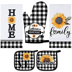 Rtteri 5 Pieces Buffalo Plaid Kitchen Towels Oven Mitts and Pot Holder Set Black and White Kitchen Towels Oven Gloves and Hot Pads Pot Holders for Farm House Kitchen Accessories and Decor (Sunflower)