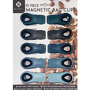Gourmet Kitchen 10 Piece Bag Clips with Magnet, Food Clips, Chip Clips, Bag Clips for Food Storage with Air Tight Seal Grip, Snack Bags and Food Bags, Air Tight, Shades of Blue and Gray