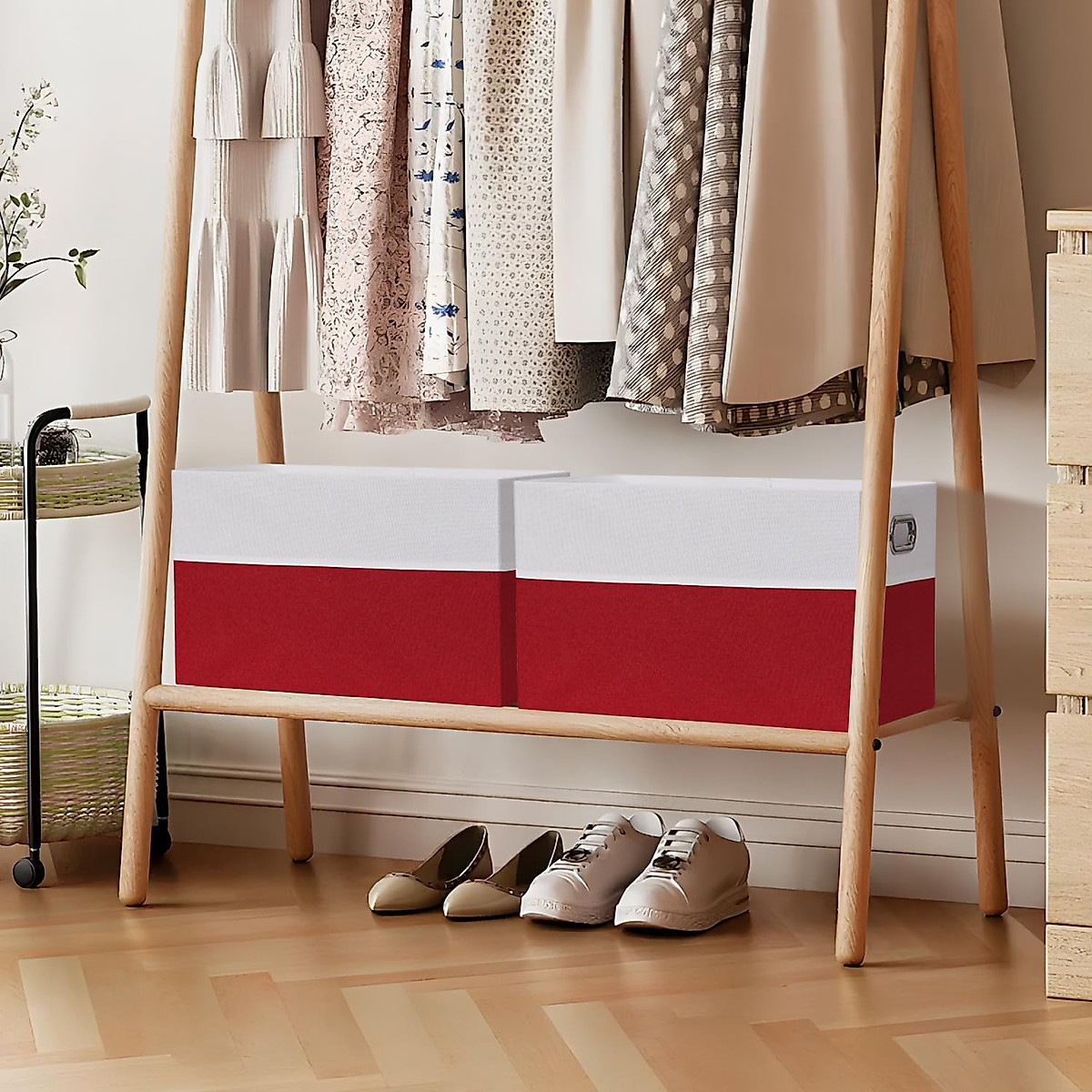 BinWhiz Storage Bins for Shelves, 15x11x9.5 inch Fabric Home Decor Organizer Baskets, Collapsible Closet Clothes Organizing Bins, 3 Pack, White & Red