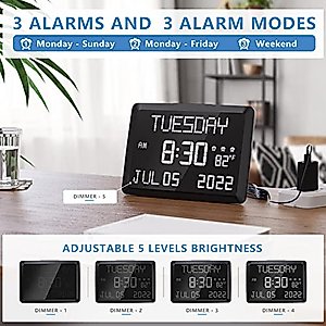 Raynic Digital Clock, 11.5" Large LED Word Display Dimmable Digital Wall Clock,Adjustable Brightness Digital Alarm Clock with Day and Date,Indoor Temperature,Snooze,12/24H,DST for Home, Office,Elderly