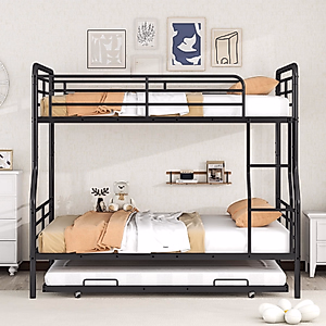Full XL Over Queen Bunk Bed for Kids, Heavy Duty Bunk Bed Full Over Queen with Twin Size Trundle, Ladder and Safety Guardrail for Boys Girls, Easy Assemble (Black)