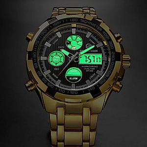 GOLDEN HOUR Luxury Stainless Steel Analog Digital Watches for Men Male Outdoor Sport Waterproof Large Big Size Heavy Wristwatch (Gold Black)