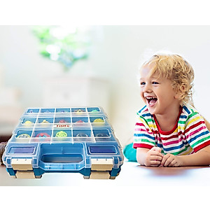 HOME4 Double Sided No BPA Toy Display Storage Container Box - Compatible with Mini Toys, Small Dolls, Tools Beyblade - Heavy Duty Organizer Carrying Case - 34 Adjustable Compartments (Blue)