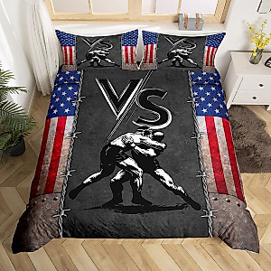 Wrestler Silhouette Duvet Cover Set Full Size,Wrestling Sports Bedding Set 3Pcs for Kids Boys Men Adult Bedroom Decor,American Flag Comforter Cover Vintage Grey Patchwork Quilt Cover,2 Pillowcases