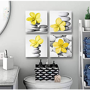 Genius Decor-Modern Bathroom Yellow Gray Wall Art Picture Flowers and Pebble Stone Canvas Print Wall Decor Set 4(Yellow)