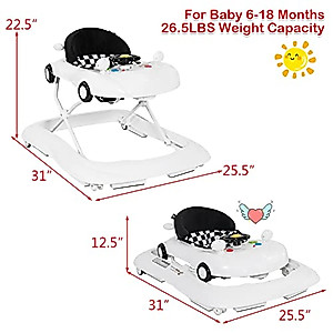 Baby Walker, 2-in-1 Foldable Baby Walker with Music Player and Lights, Steering Wheel, Mirrors, Removable Tray to Food Tray, High Back Padded Seat, Compact Folding Design (White)