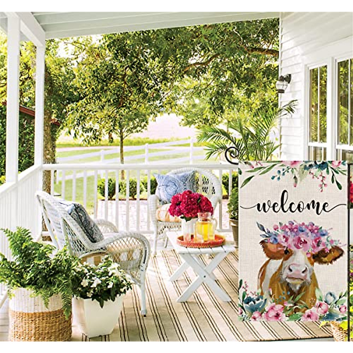 Spring Welcome Cow with Flowers Garden Flag for Outdoor Small Yard Flag for Outside Seasonal Decor for Summer Farmhouse Holiday 12x18 Inch Double Sided