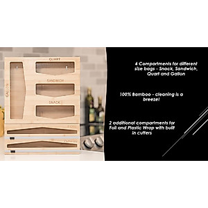 Brady Unlimited Storage Bag Organizer, Foil & Plastic Wrap Dispenser with Cutters, 6in1 Bamboo Bag Organizer for Kitchen Drawer & Wall Mount-Gallon,Quart,Sandwich,Snack, Foil & Plastic Holders